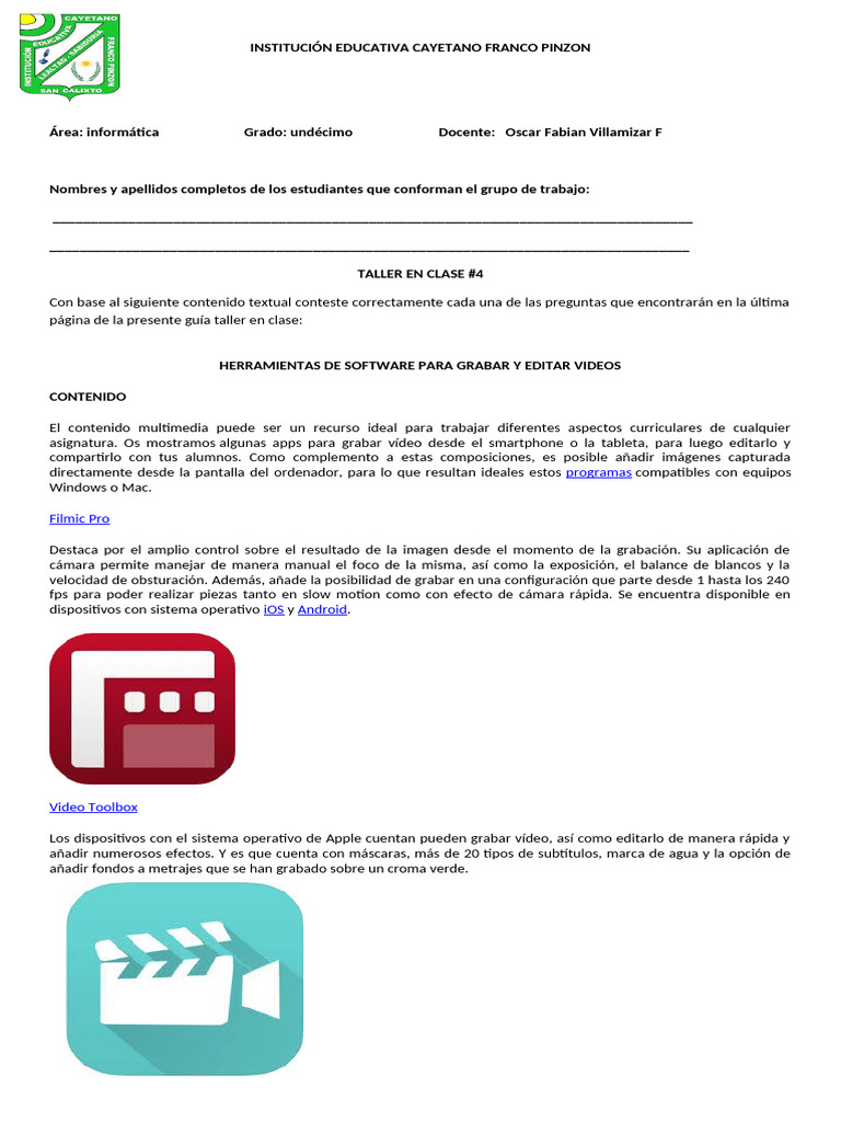 e. Taller en Clase #4_Tecnología e Informática_Primer Período_Grado Undécimo_Grupos A_B | PDF