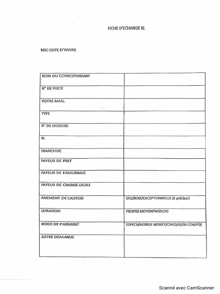 Fiche Echange BL MSC Vide | PDF