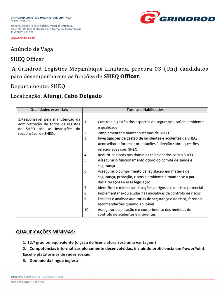 GLM Anuncio de Vaga SHEQ OFFICER | PDF