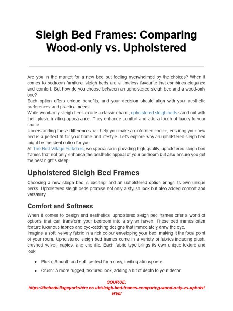 Sleigh Bed Frames - Comparing Wood-Only vs. Upholstered | PDF | Upholstery | General Fiction