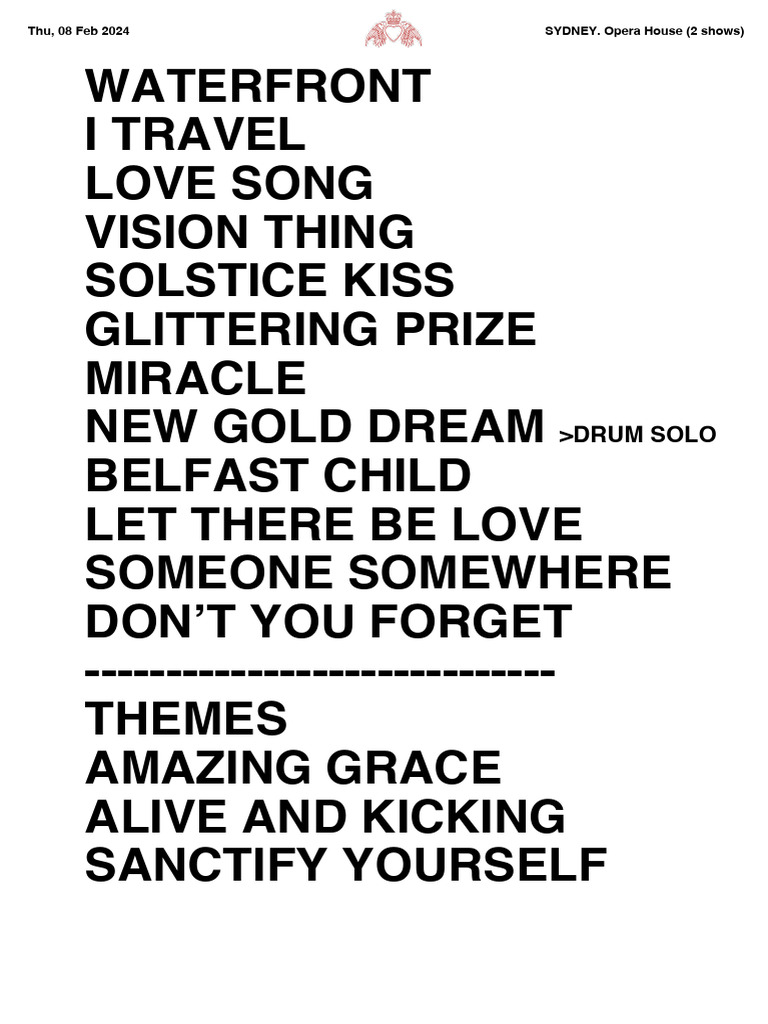 240208SM Setlist SYDNEY AUS EarlyShow | PDF