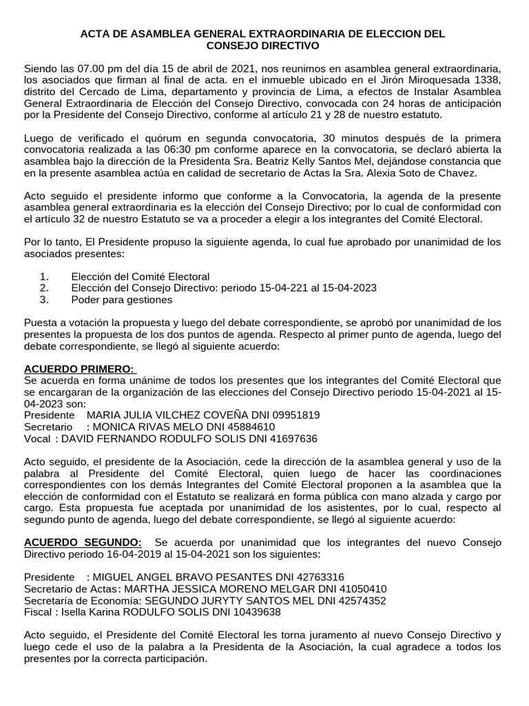 Acta de Asamblea General Extraordinaria de Eleccion Del Consejo Directivo | PDF
