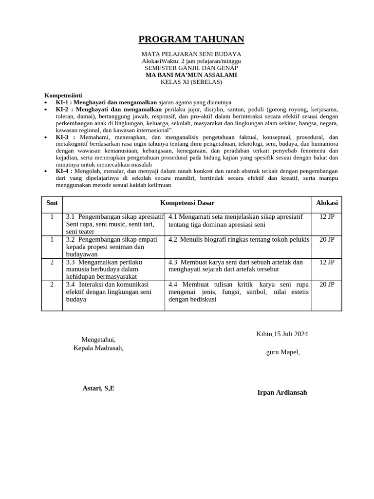 03 Prota Seni Budaya Kelas 11 | PDF