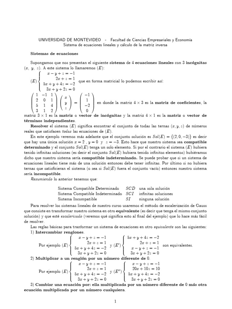 Sistemas de Ecuaciones y Matriz Inversa | PDF