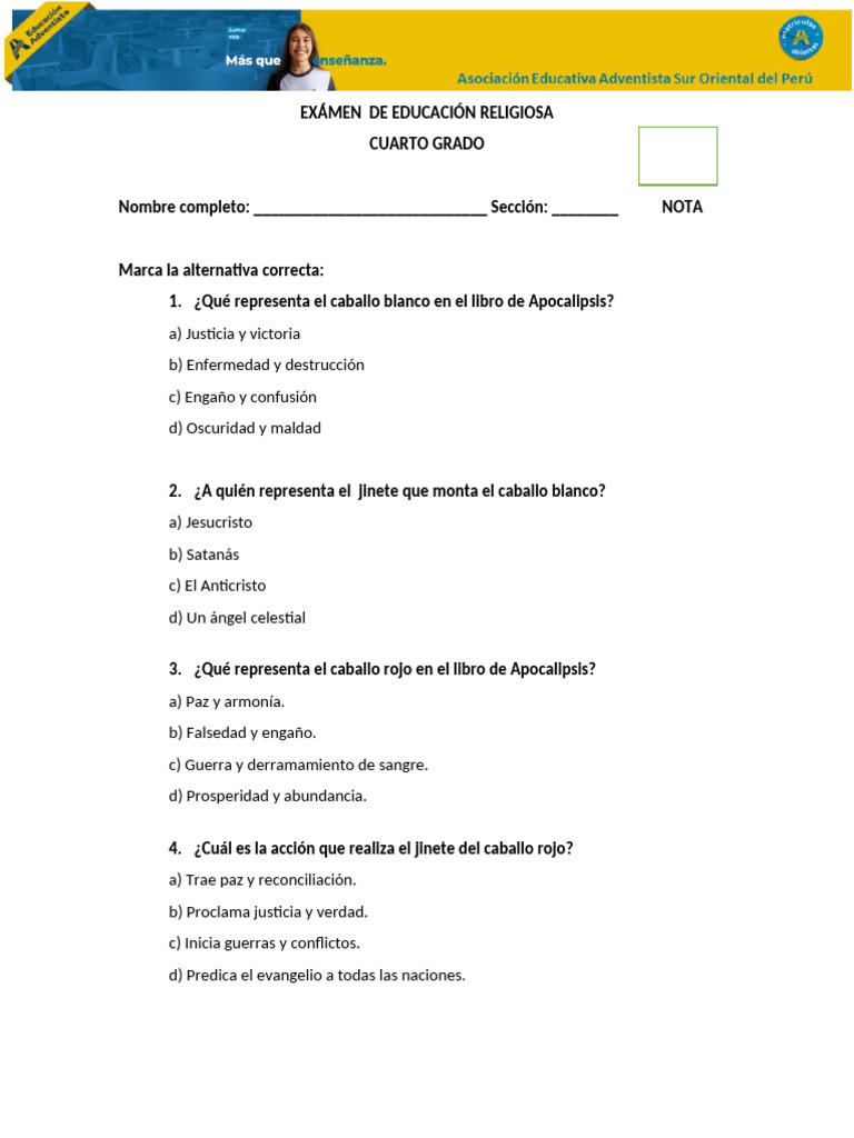 Examen de ER Cuarto Grado | PDF