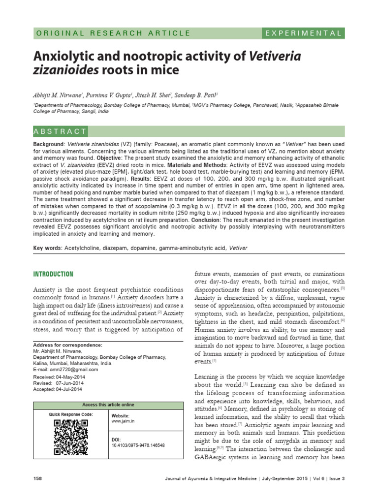 Zizanioides Roots in Mice: Anxiolytic and Nootropic Activity of ...