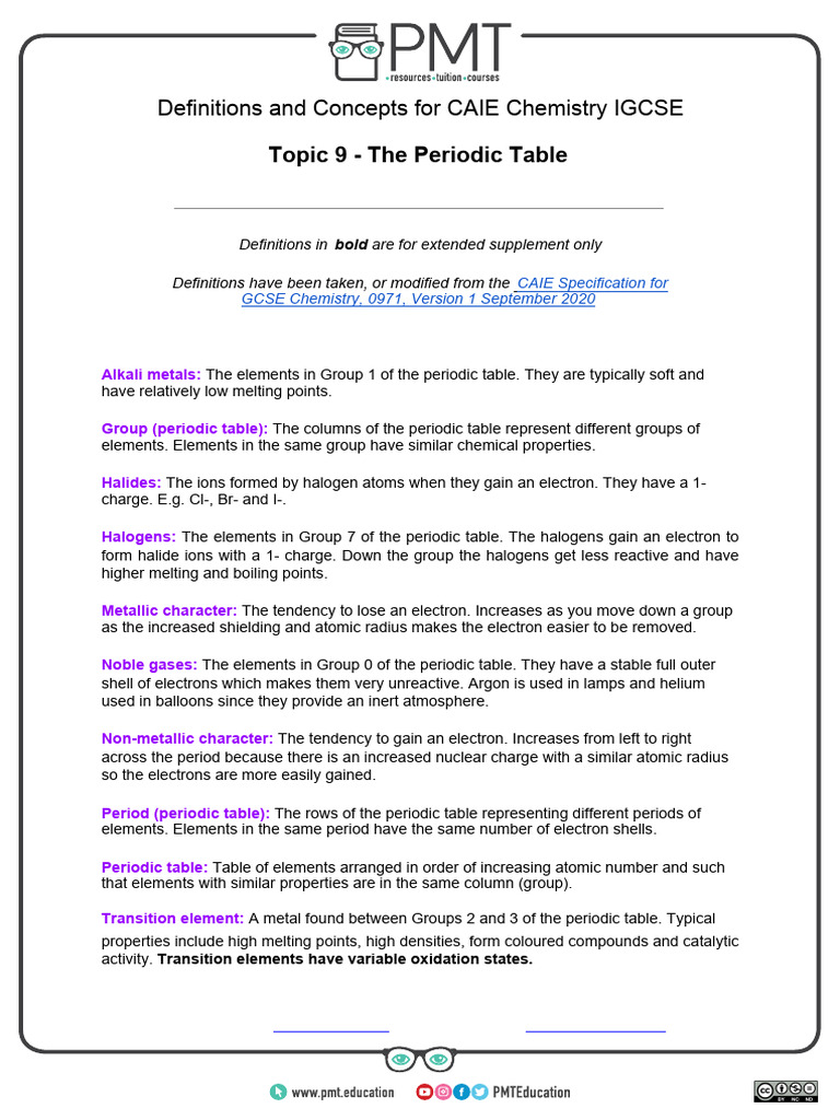 Definitions - Topic 9 The Periodic Table - CAIE Chemistry IGCSE | PDF