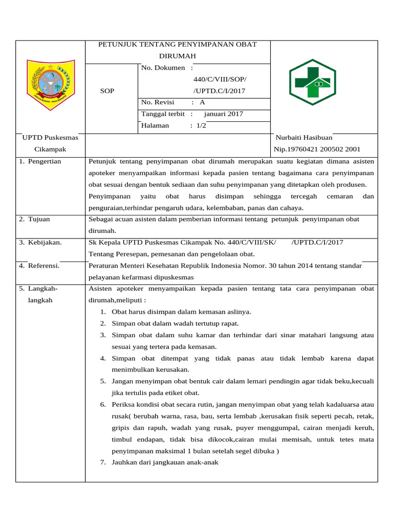 8 2 3 6 Sop Petunjuk Tentang Penyimpanan Obat Dirumah Pdf
