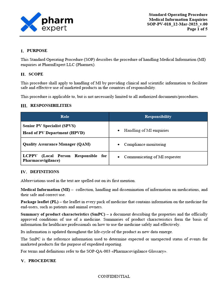 DEMO SOP PV 018 Medical Information Enquiries WWW - Pharmex.co | PDF ...
