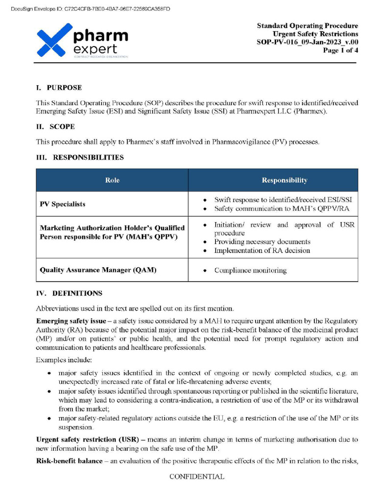 DEMO SOP-PV-016 Urgent Safety Restrictions WWW - Pharmex.co | PDF