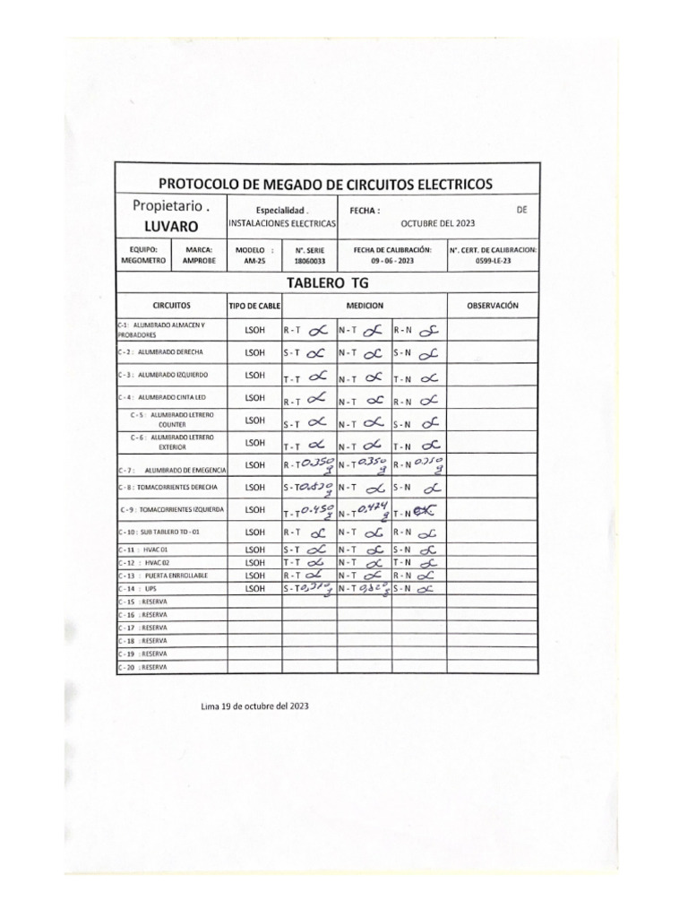 Protocolo de Megado de Circuitos Electricos | PDF