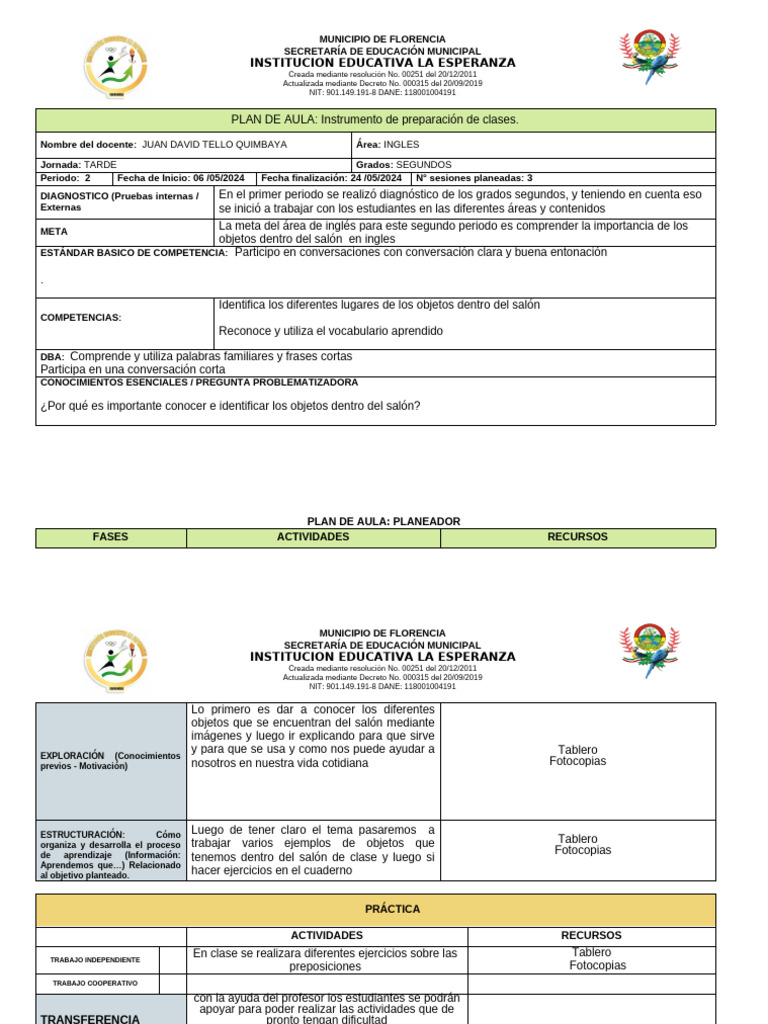 Planeacion de Ingles 2 Del Periodo 2 | PDF