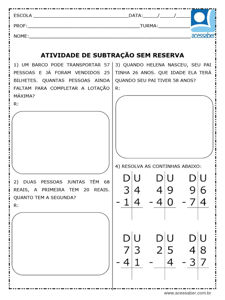 Atividade de Matematica Subtracao Sem Reserva 2 Ano | PDF