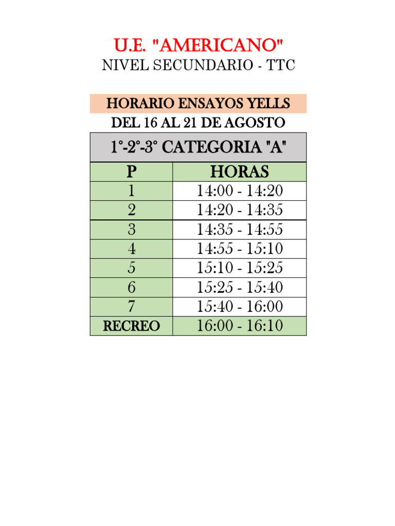 Horario Clases 1er. 2do. 3er. Grado TTC - Categoria A | PDF
