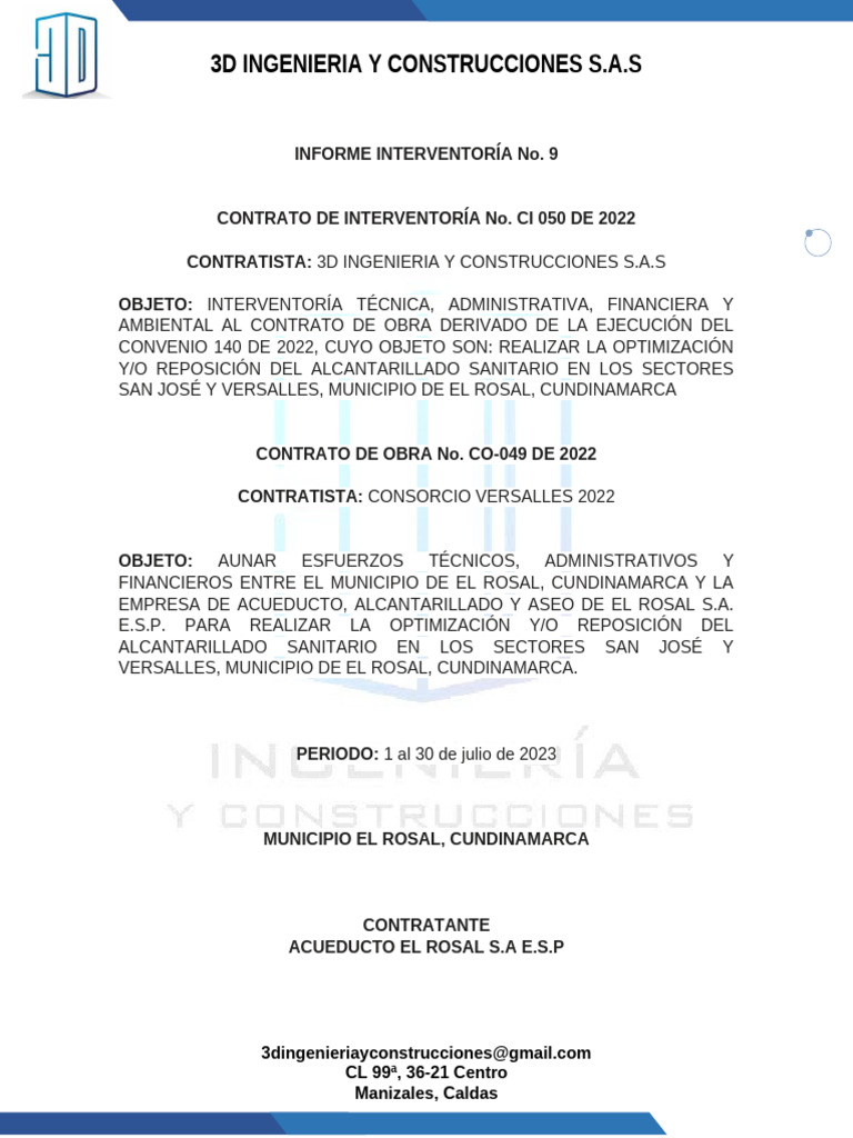 Informe Interventoria Julio 2023 | PDF