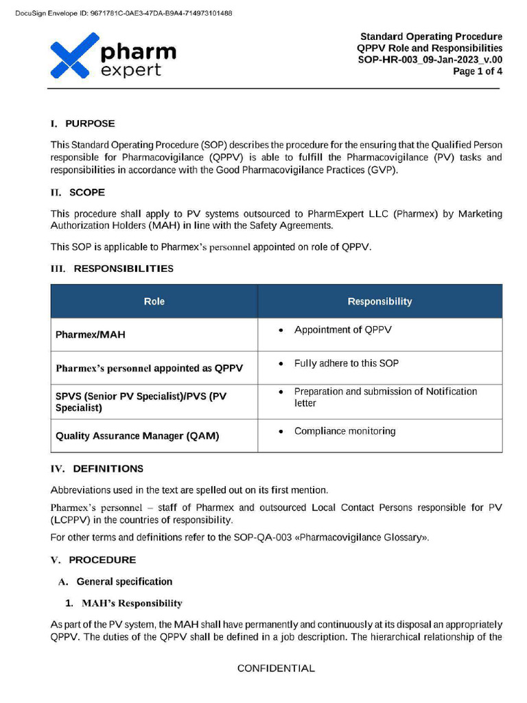 QPPV Roles and Responsibilities SOP | PDF | Pharmacovigilance ...