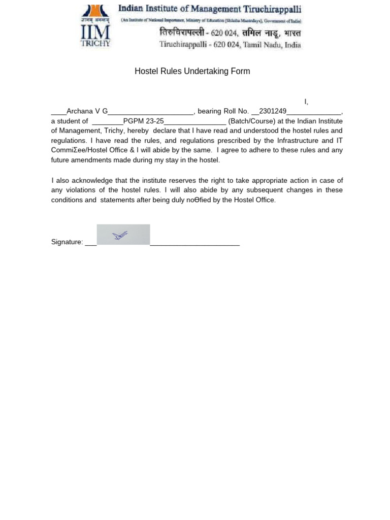 Hostel Rules Undertaking Form | PDF