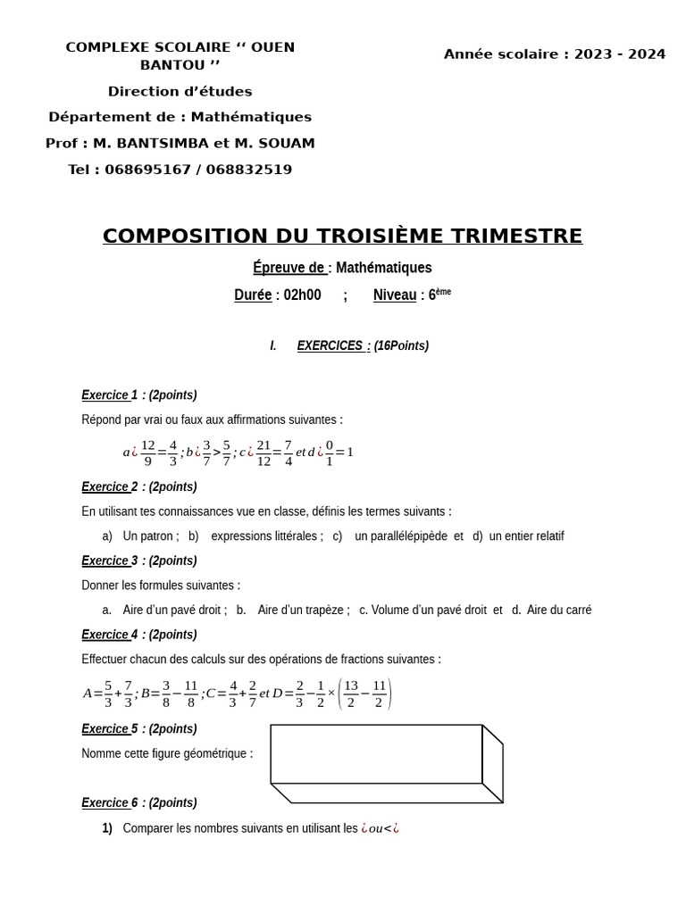 Composition Du Troisième Trimestre: Épreuve De: Mathématiques Durée ...