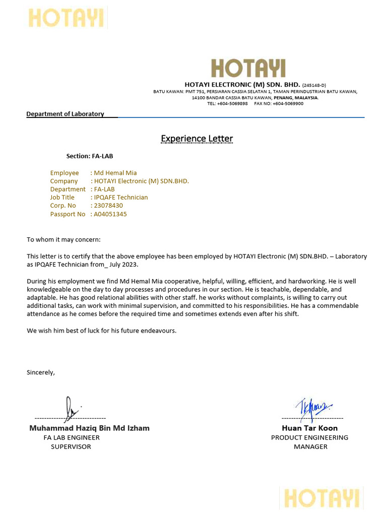 Hotayi Experience Letter | PDF