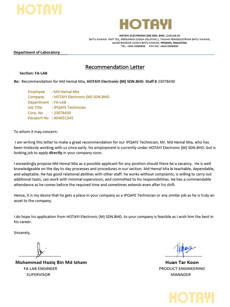 Hotayi Recommendation Letter | PDF