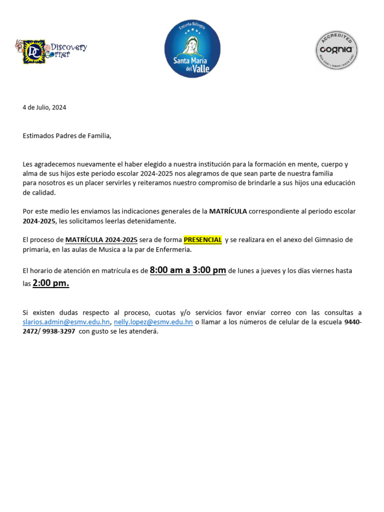 Informacion General de Matricula Esmv 2024-2025 | PDF