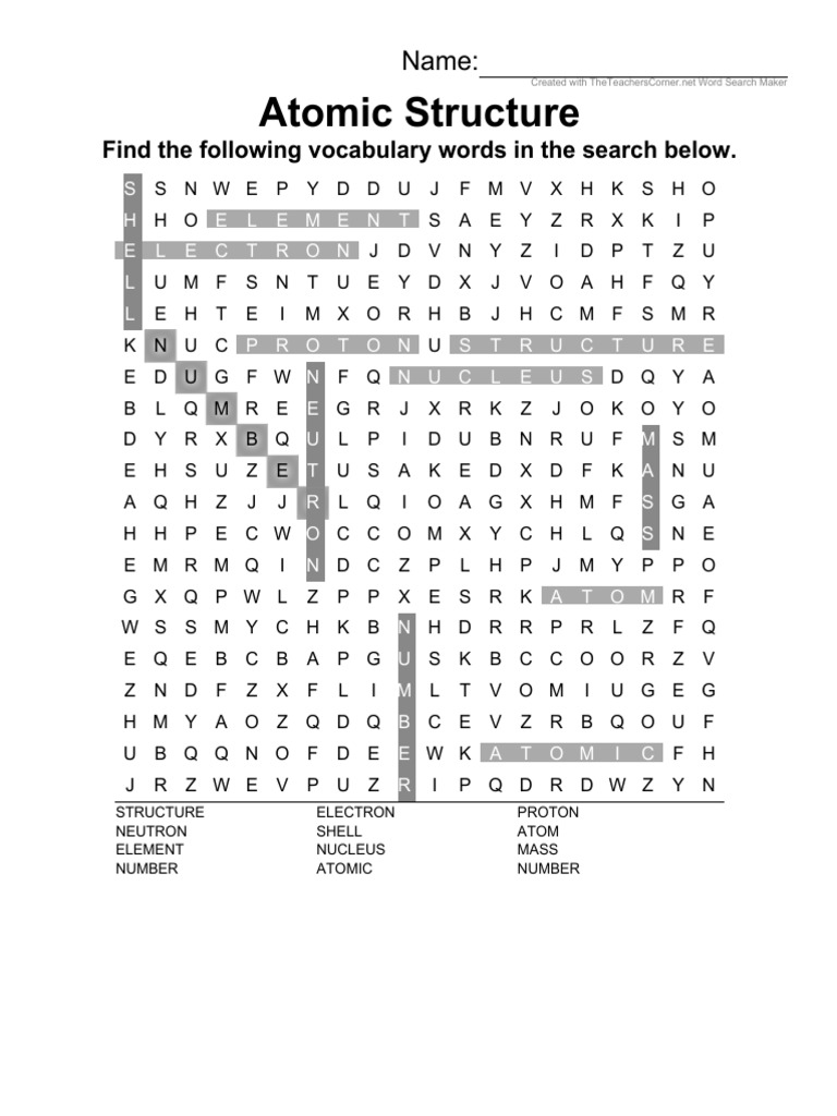 Atomic Structure Word Search Answer Key | PDF