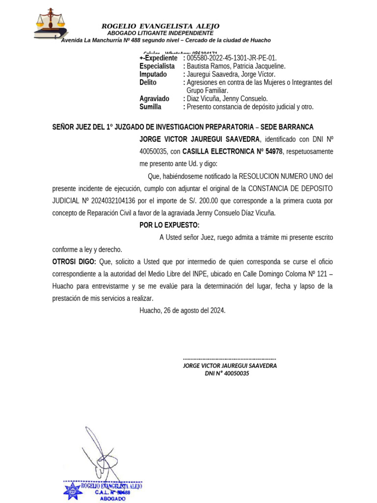 Presento Constancia de Deposito Judicial - Jorge J | PDF