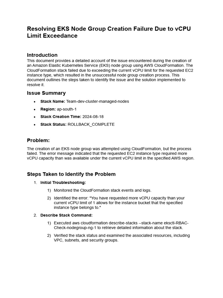 Resolving EKS Node Group Creation Failure Due To VCPU Limit Exceedance | PDF