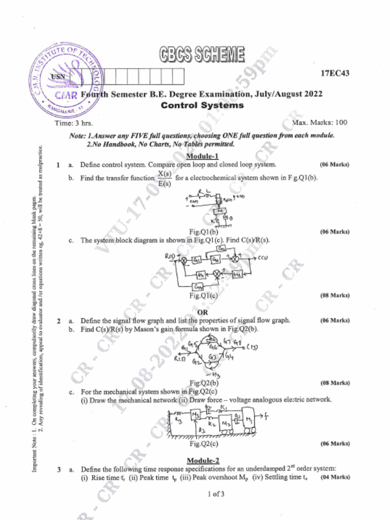 VTU Question Paper of 17EC43 Control Systems June-2022 | PDF