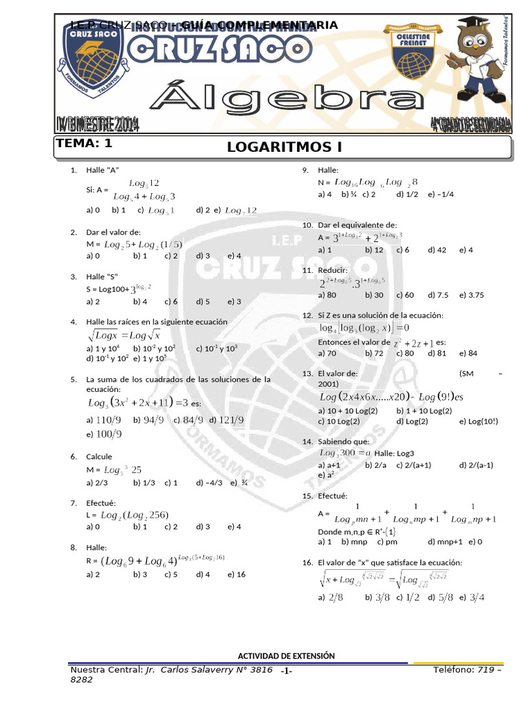Algebra - 4to Año - IV Bimestre - 2014 | PDF