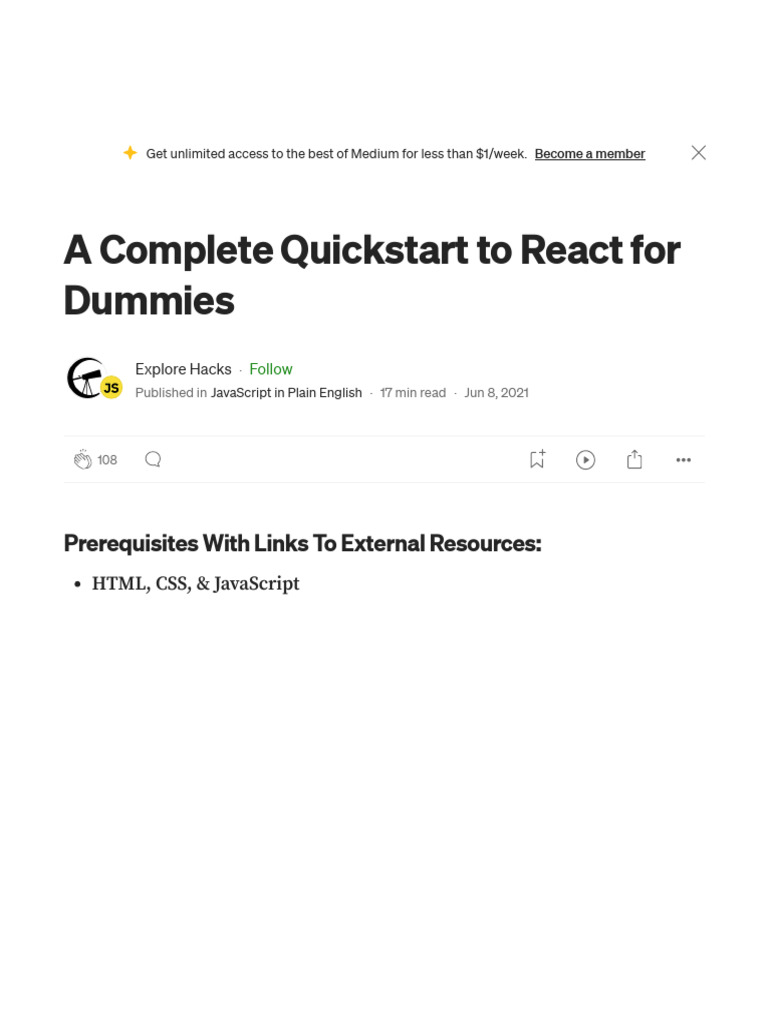 A Complete Quickstart To React For Dummies - by Explore Hacks - JavaScript in Plain English | PDF