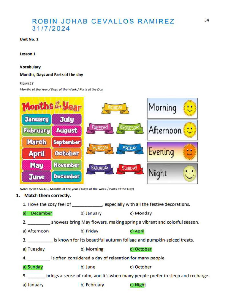 Booklet Activity - Months, Days - Parts of The Day - Ordinal Numbers ...