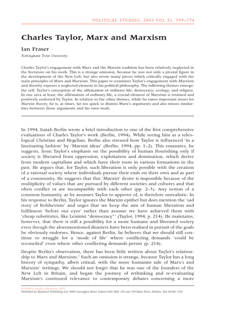 Charles Taylor, Marx and Marxism: Ian Fraser | PDF