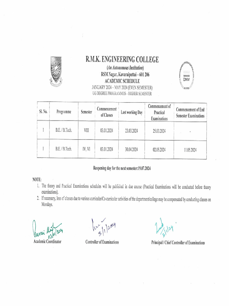 Higher Semester First Year Academic Schedule Even Sem2023 24 | PDF