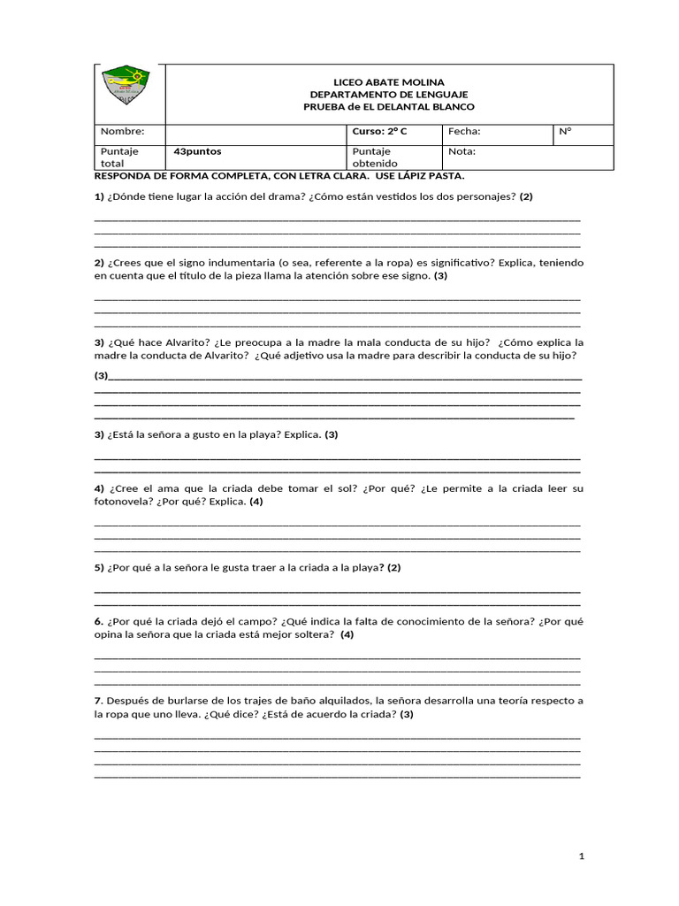 Prueba sobre "El Delantal Blanco" | PDF | Crecimiento personal y ...