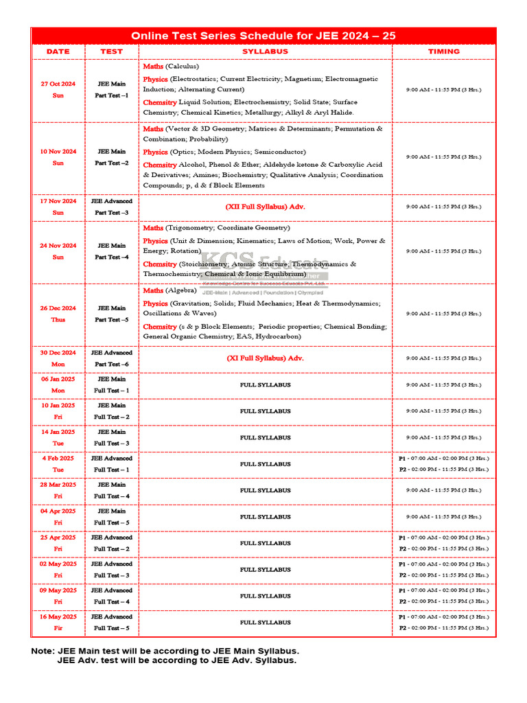 Online Test Series Schedule For JEE 2024-2025 | PDF | Chemistry ...
