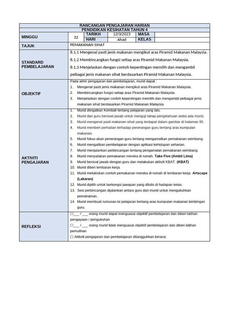 RPH Minggu 32 Pendidikan Kesihatan THN 4 | PDF