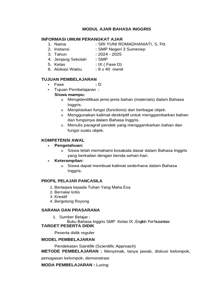 Modul Ajar Bahasa Inggris 9 - Bab 4 | PDF