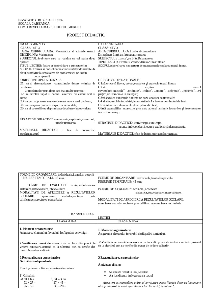 Proiect Didactic IIIV Matematica Limba Romana | PDF