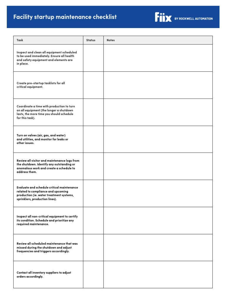 Facility Startup Maintenance Checklist | PDF
