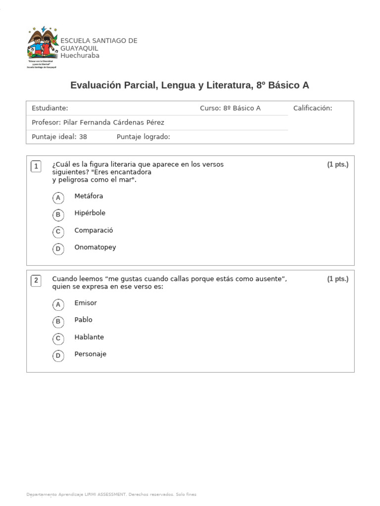 Evaluacion Parcial Lengua y Literatura 8o Basico A 5733347 | PDF