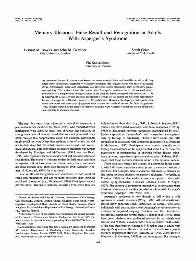 False Recall Aspergers | PDF