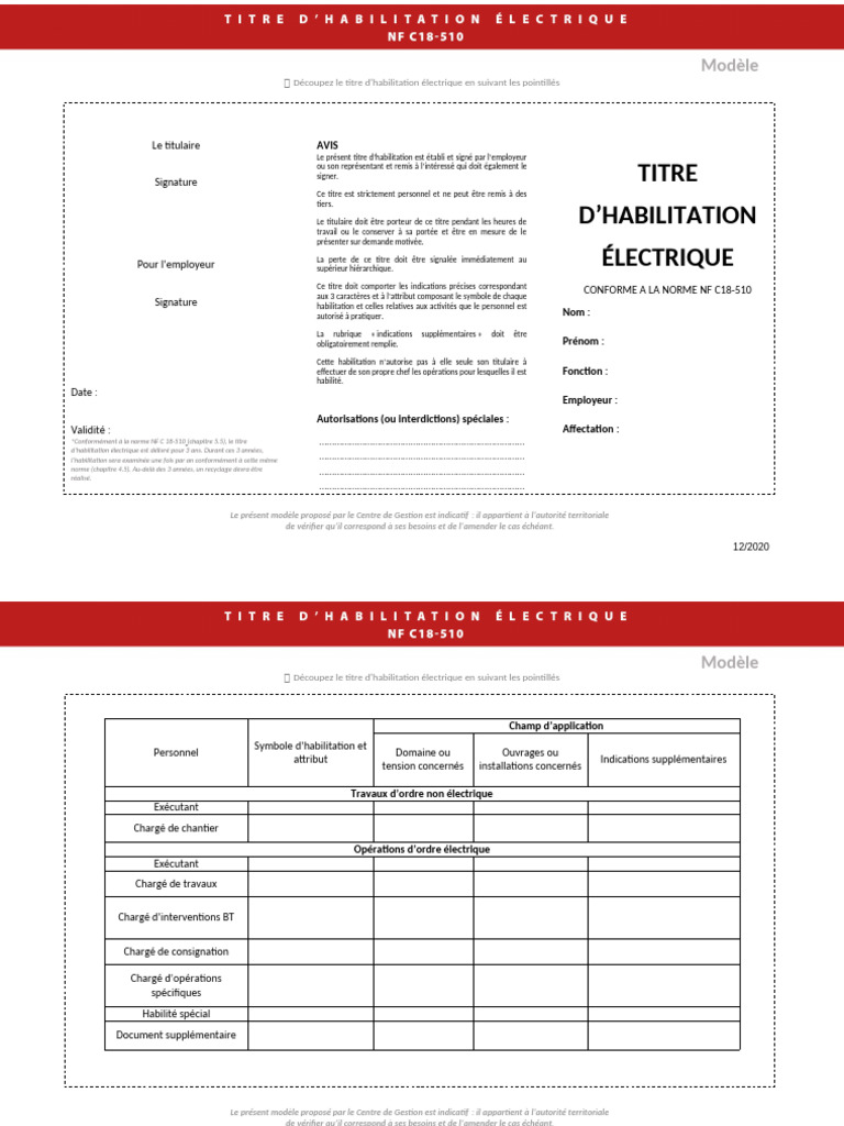 Titre Habilitation Electrique Modele Fevrier 2021 2 | PDF