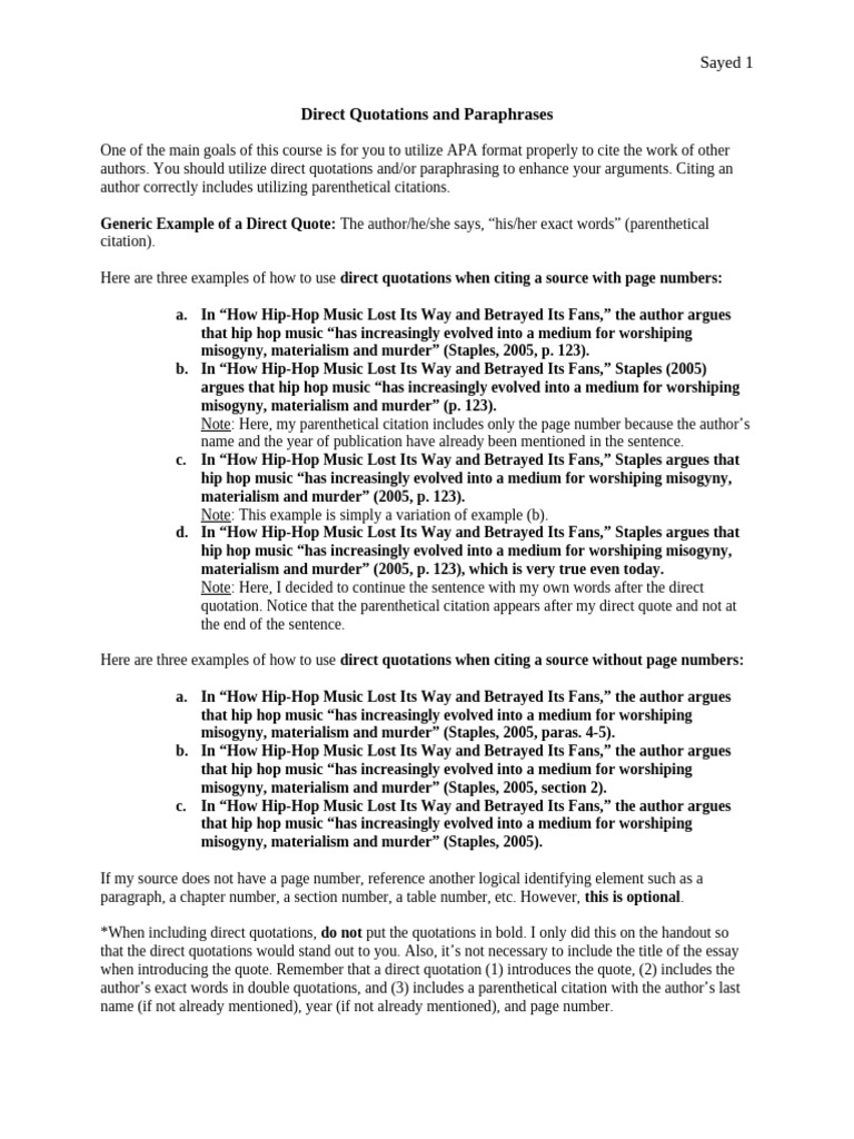 101 - Handout - Direct Quotations and Paraphrases (APA 7th Edition ...