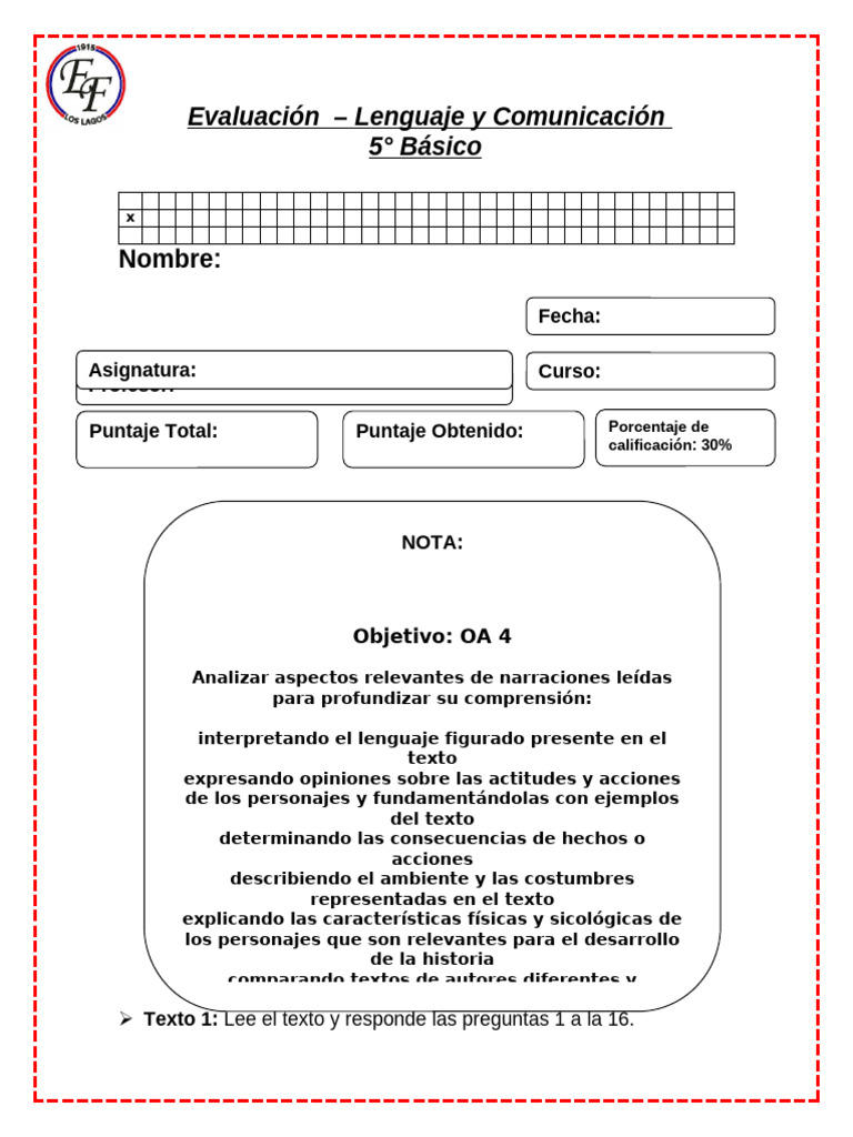 EVALUACIÓN COMPRENSION LECTORA 5 BÁSICO 1 | PDF