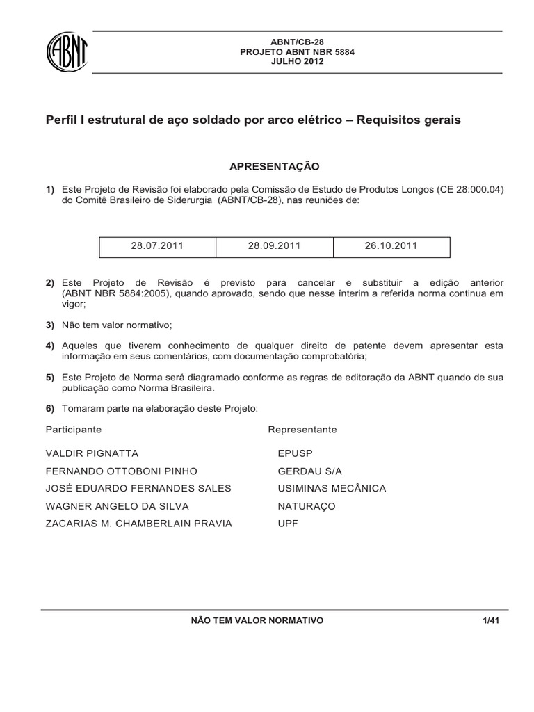 NBR 05884 CONSULTANACIONAL PerfilIEstruturalDeAçoSoldadoPorArcoElétrico ...