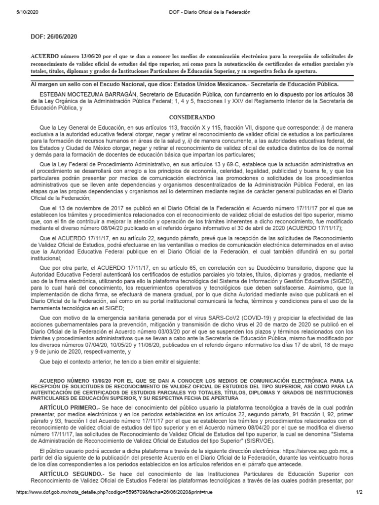 Acuerdo Número 13-06-20 | PDF | México | Finanzas y dinero