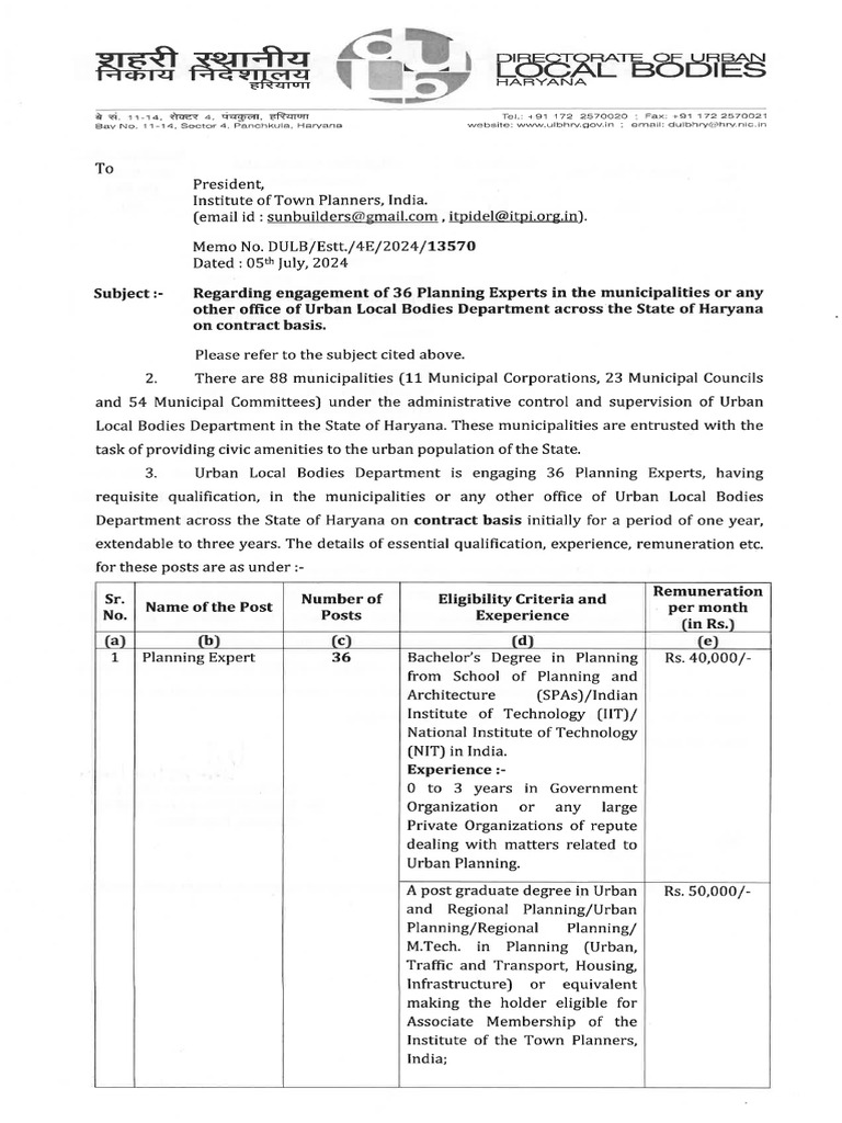 Engagement of Planning Experts DULB, Haryana Government | PDF