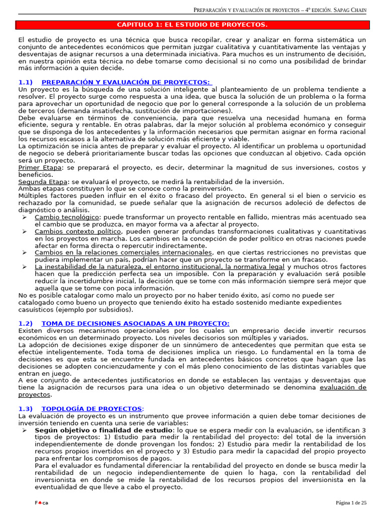 Resumen de PREPARACIÓN Y EVALUACIÓN DE PROYECTOS - Sapag Chain ...