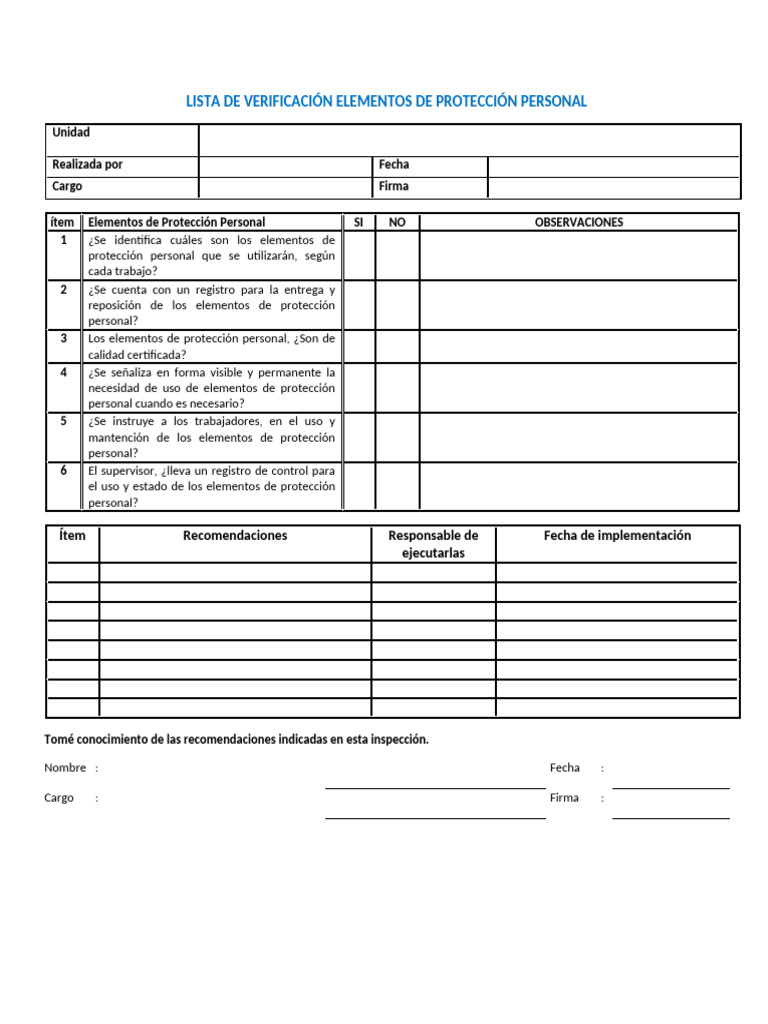 Lista Verificación EPP (v3) | PDF